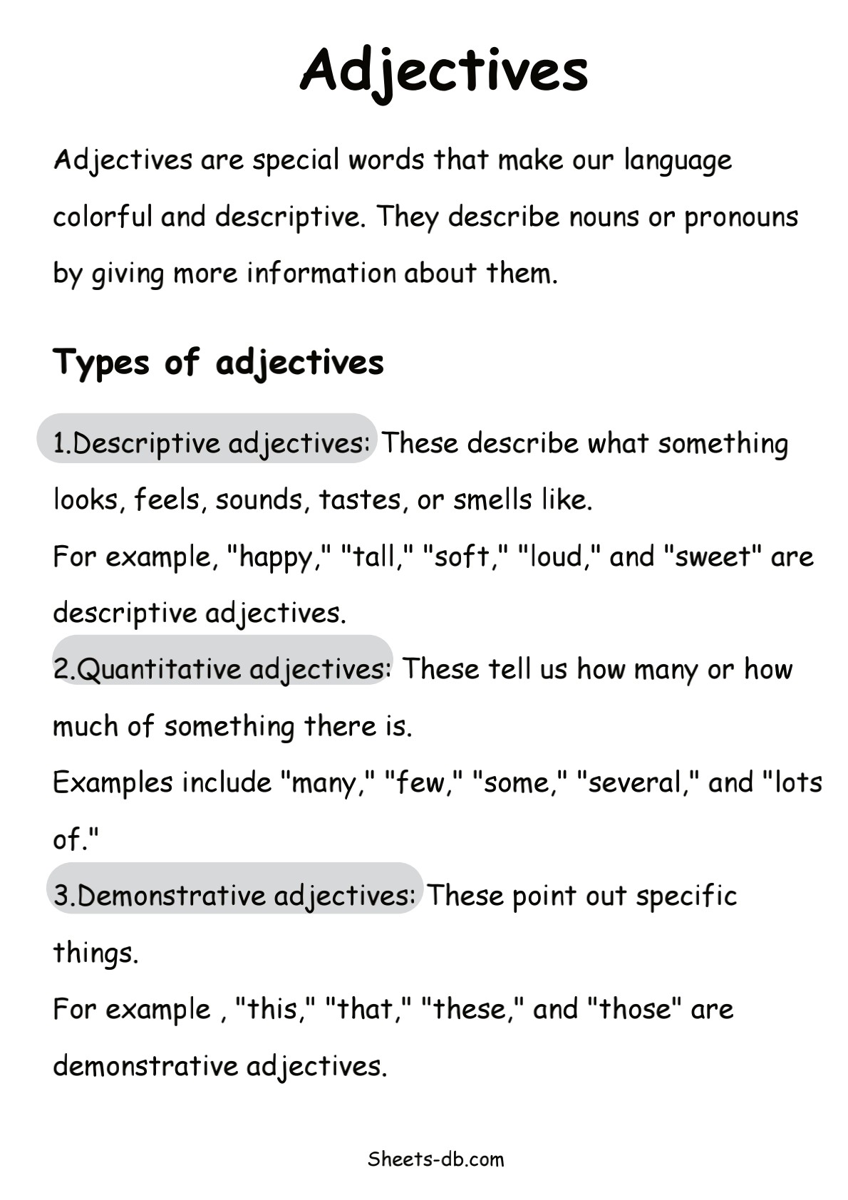 Adjectives – Sheets
