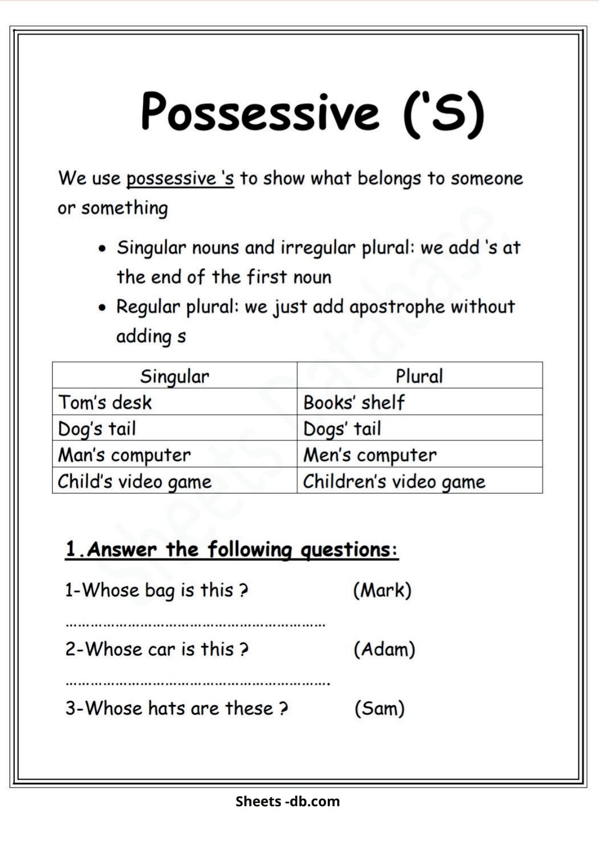 Possessive Worksheets – Sheets