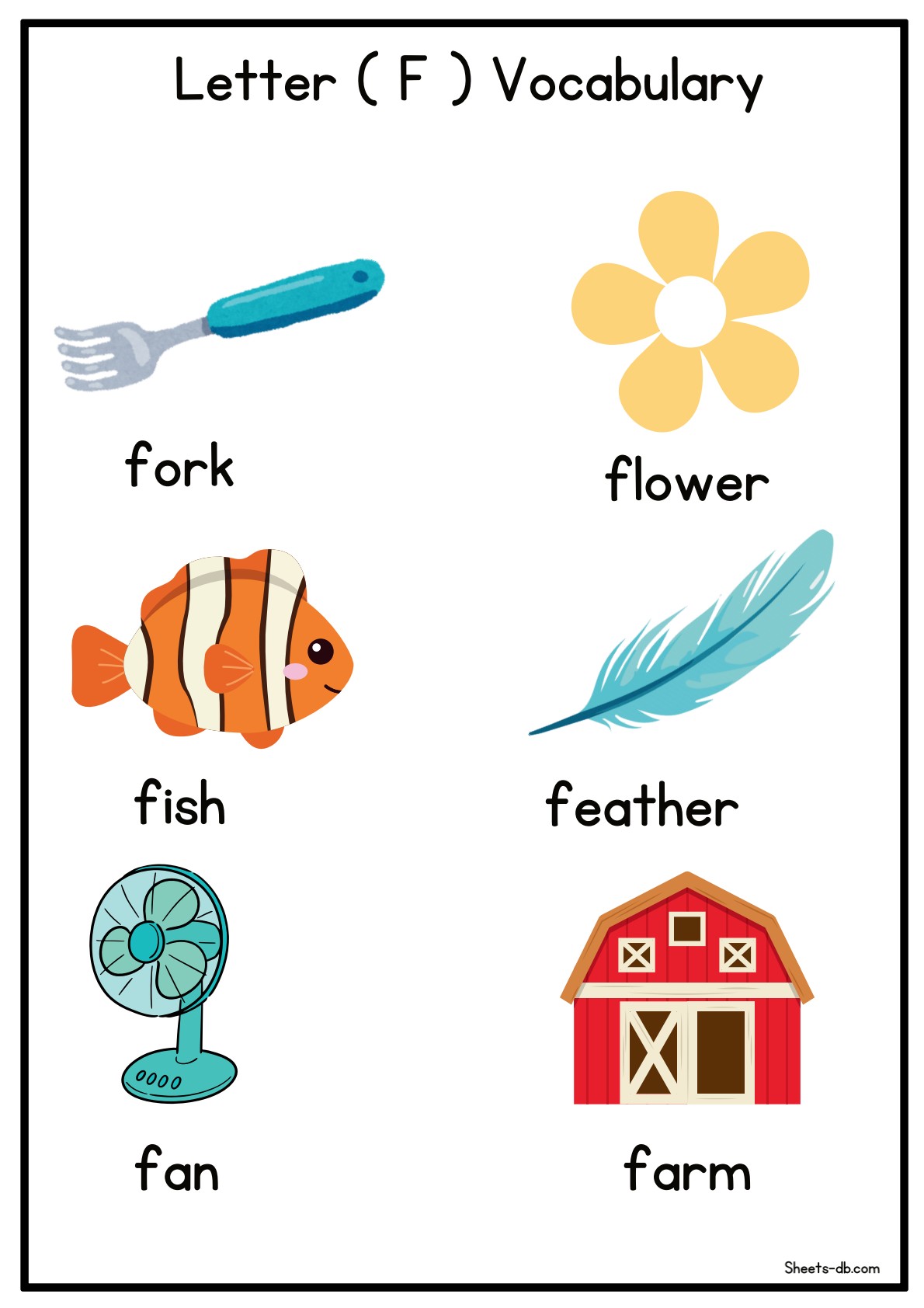 Letter F Flashcards and Vocabulary Worksheets – Sheets
