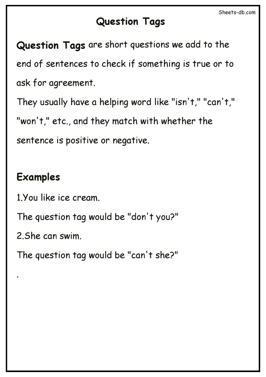 Question Tags – Sheets