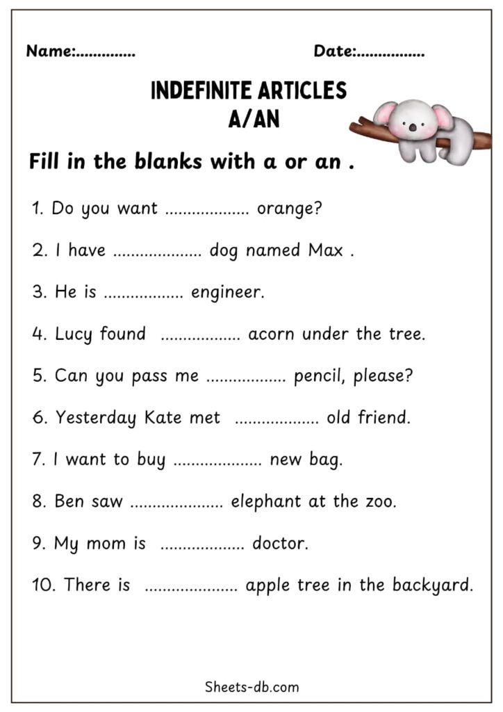 Indefinite Articles Worksheet – Sheets