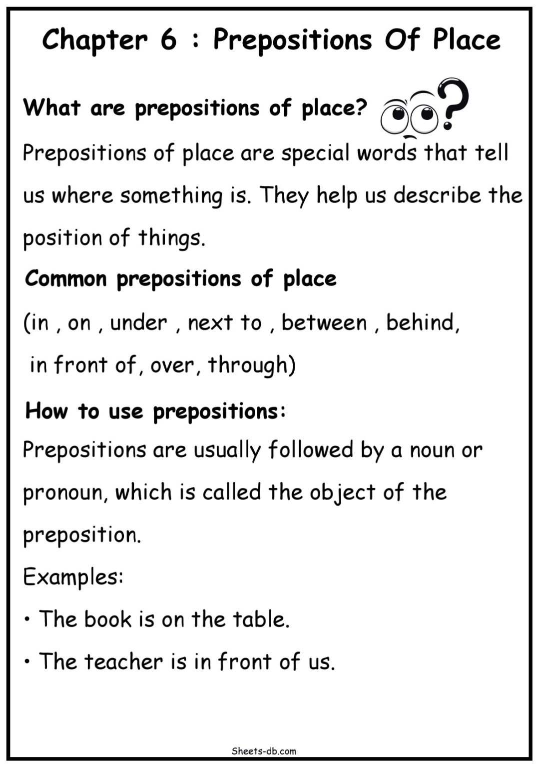 Prepositions -Chapter 6 – Sheets